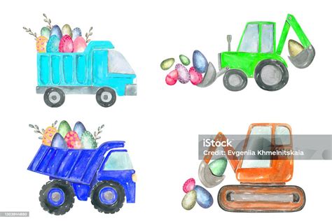 행복한 부활절 달걀 트럭 클립 아트 소년은 달걀 사냥꾼입니다 덤프 트럭 굴삭기 트랙터 불도저 건설 장비 수채화에 대한 스톡 벡터 아트 및 기타 이미지 Istock