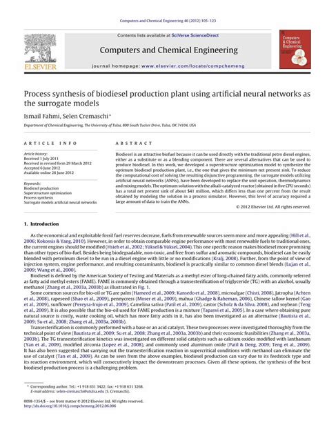 Pdf Process Synthesis Of Biodiesel Production Plant Using Artificial Neural Networks As The