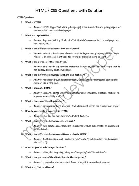 Html Css Questions Pdf Html Element Html