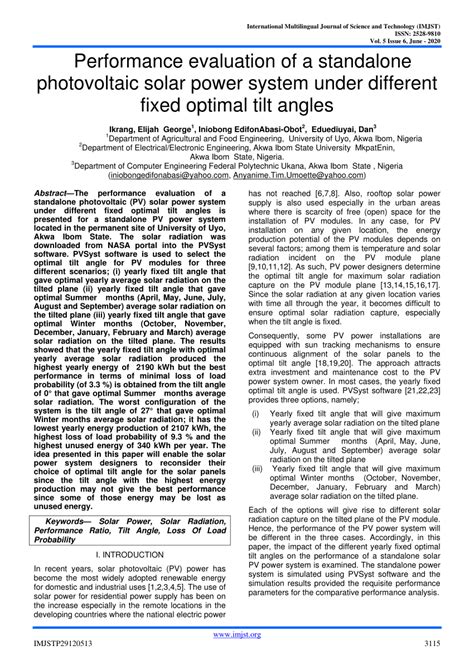PDF Performance Evaluation Of A Standalone Photovoltaic Solar Power System Under Different