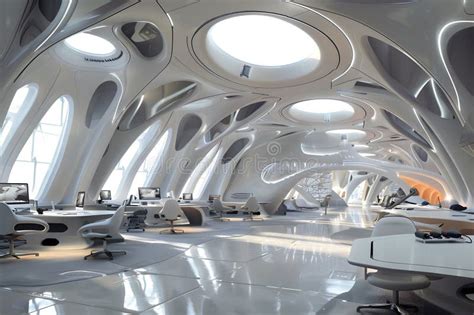 futuristic high tech office space with advanced technology and modern