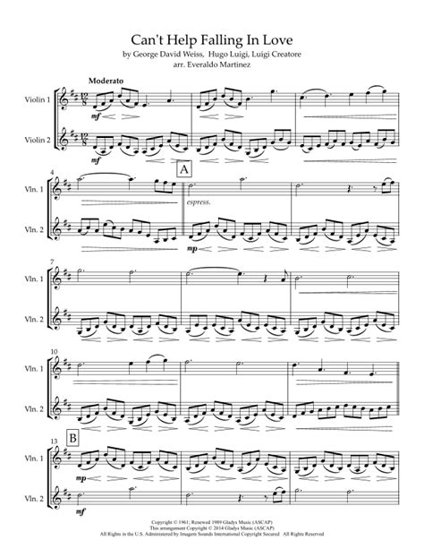 Cant Help Falling In Love Violin Sheet Music