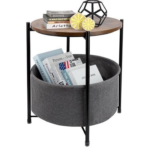 Round Sofa Side Table End Table With Storage Fabric Basket For Living Room Bedroom Removable