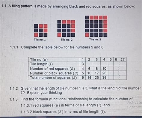 solved 1 1 a tiling pattern is made by arranging black and red squares as shown below tile no