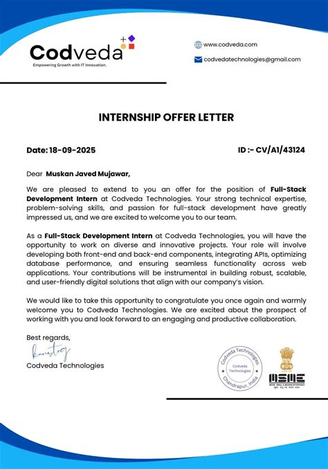 Internship Offer Letter From Codveda Muskan Mujawar