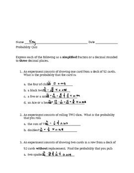 Probability Quiz Addition Rule Conditional Prob With Answer Key