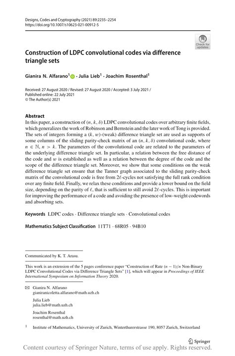 Pdf Construction Of Ldpc Convolutional Codes Via Difference Triangle Sets