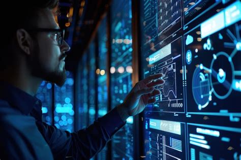 Premium Photo A Man Looking At A Display Of Data In A Server Room