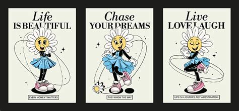 귀여운 만화 꽃 캐릭터 데이지가 있는 복고풍 여름 포스터 트렌디한 복고풍 그루비 캐릭터 스타일 티셔츠에 인쇄하기 위한 문구가 있는 그림입니다 벡터 일러스트 레이 션입니다 0