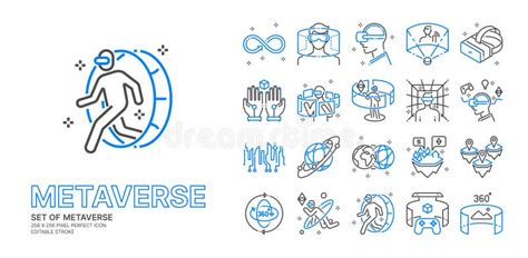 Metaverse Blue Line Icon Set With Vr Virtual Reality Game Metaverse