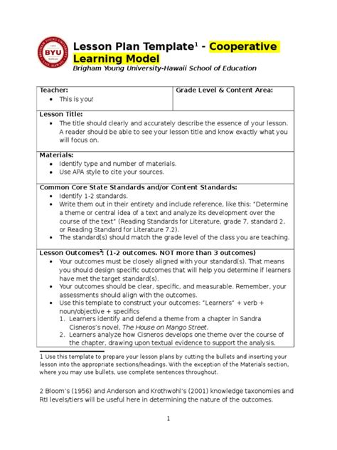 Cooperative Learning Model Lesson Plan Template Educational Assessment Lesson Plan