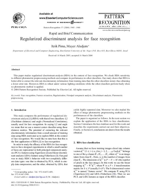Pdf Regularized Discriminant Analysis For Face Recognition
