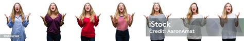 격리 된 배경 미친 미친 소리 고 적극적인 식와 팔 제기 함에 젊은 아름 다운 금발의 여 자가 콜라주 좌절 개념입니다 감정에 대한 스톡 사진 및 기타 이미지 Istock