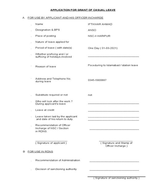 Casual Leave Proforma Pdf
