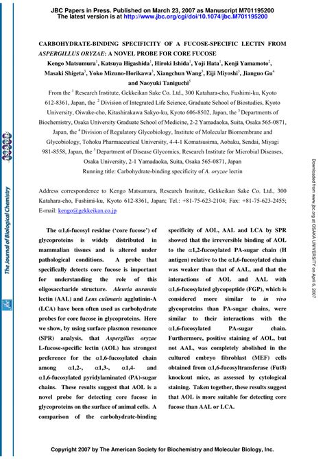Pdf Carbohydrate Binding Specificity Of A Fucose Specific Lectin From