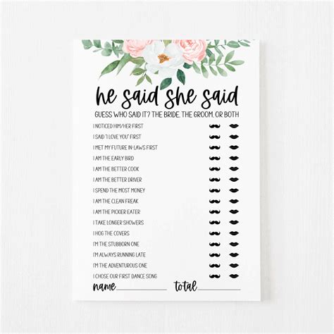 He Said She Said Bridal Shower Game Free Printable Free Printable Hq