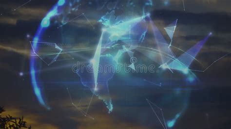 Digital Globe With Network Connections Animation Over Cloudy Sky Background Stock Video Video