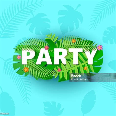 정글 단어 파티 구성 종이 스타일 컷에 파란색 배경에 꽃 단풍 열 대 잎 흰색 문자 디자인 포스터 배너 전단지 T셔츠 벡터 카드 일러스트 레이 션 0명에 대한 스톡 벡터