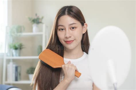 Health Hair Care Beauty Makeup Asian Woman Girl Holding Hairbrush And