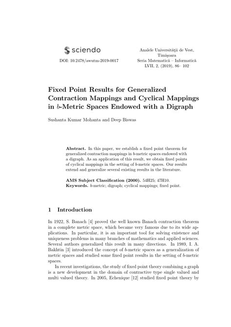Pdf Fixed Point Results For Generalized Contraction Mappings And