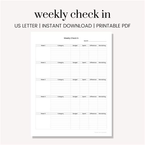 Weekly Check In Template Printable Sheet Tracker Etsy