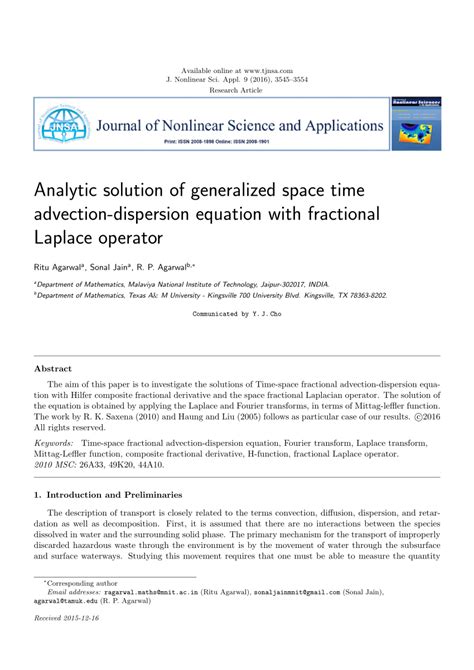 Pdf Analytic Solution Of Generalized Space Time Advection Dispersion Equation With Fractional