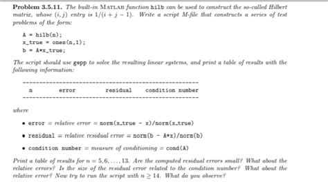 solved problem 3 5 11 the built in matlab function hilb can
