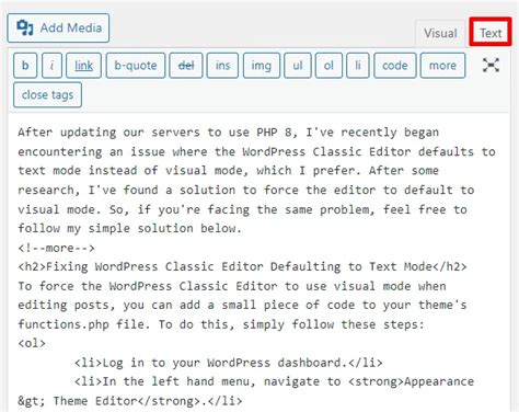 fix wordpress classic editor defaulting to text mode php 8