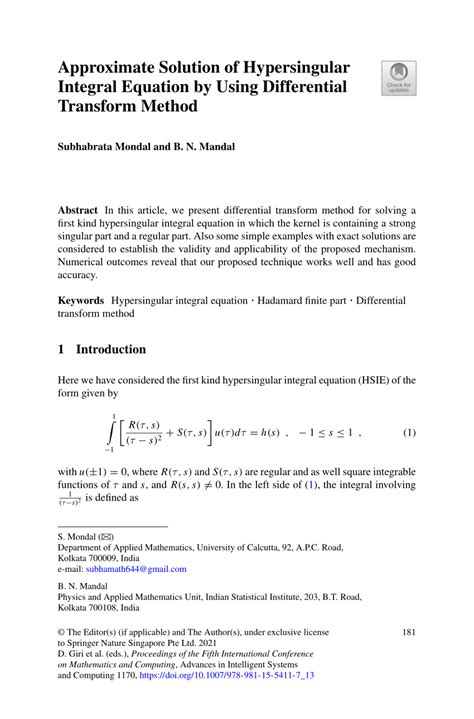 Pdf Approximate Solution Of Hypersingular Integral Equation By Using Differential Transform Method