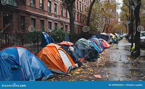 Homeless Tents Line In Bustling American City Highlighting