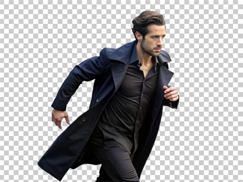 Premium PSD Man Running Away Wearing A Black Trench Coat On Transparent Background