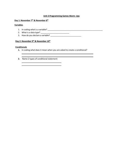 Programming Games Warm Ups Variables And Conditionals