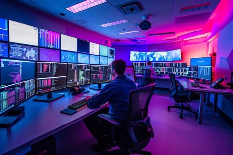 High Tech Control Room With Multiple Digital Displays Premium Ai Generated Image