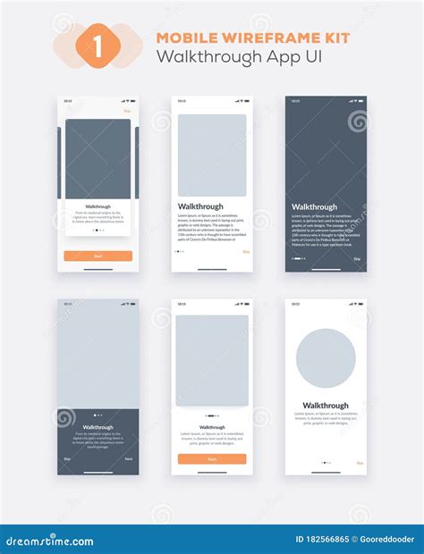 Wireframe UI Kit For Smartphone Mobile App UX Design New OS Walkthrough Stock Vector