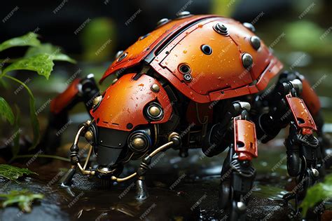Premium Ai Image Robot Ladybug Nestled On A Dewsoaked Leaf Wallpaper