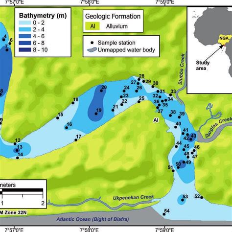 Location Map Of Study Area Showing Sample Sites And Bathymetry