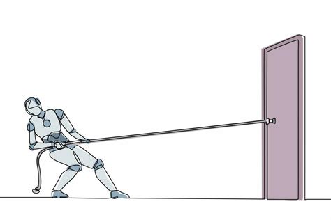Continuous One Line Drawing Robot Pulling And Trying Open Door With Rope Humanoid Robot