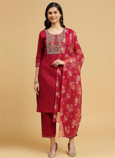 Attractive Pink Cotton Embroidered Trendy Suit