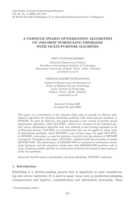 Pdf A Particle Swarm Optimization Algorithm On Job Shop Scheduling Problems With Multi Purpose