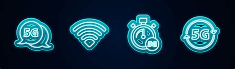 라인 5g 네트워크 Wifi 무선 디지털 속도 계측기 및 설정 빛나는 네온 아이콘 벡터 0명에 대한 스톡 벡터 아트 및 기타 이미지 Istock