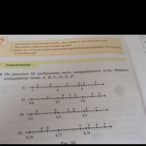 На рисунке 55 изображена часть координатного луча Найдите координаты точек А B C D E F