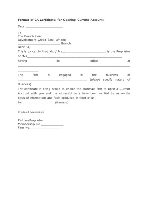 Ca Certificate Format In Word For Current Bank Account Docx