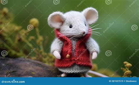 Colorful Knitted Mouse In Red Vest Sitting On Green Grass Stock