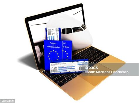 현대 개념 항공권 예약 노트북을 통해 그림자와 함께 흰색 바탕에 두 개의 여권 3d 렌더링으로 여름 휴가 대 한 3차원 형태에 대한 스톡 사진 및 기타 이미지 Istock
