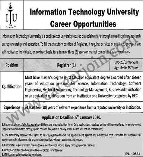 Information Technology University Itu Jobs Registrar