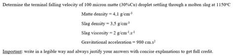 Solved Determine The Terminal Falling Velocity Of 100 Micron