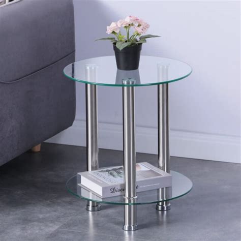 Round Side Table Small Tempered Glass Side Table 2 Tiers With Chrome