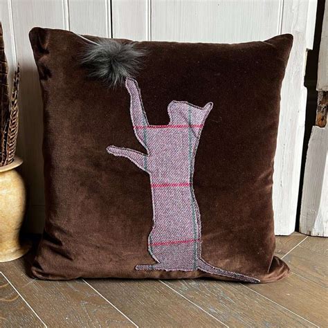 Playful Cat Tweed Hare Cushion With Chocolate Brown Velvet Wildash London