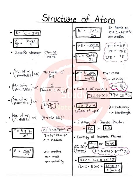 Structure Of Atom Formula Sheet Pdf