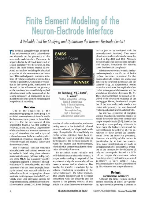 Pdf Finite Element Modeling Of The Neuron Electrode Interface